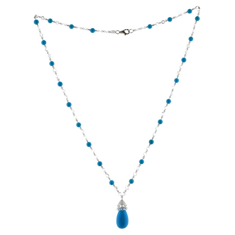 JR 18 Karat White Gold Drop Diamond Rose Cut Turquoise Necklace For ...