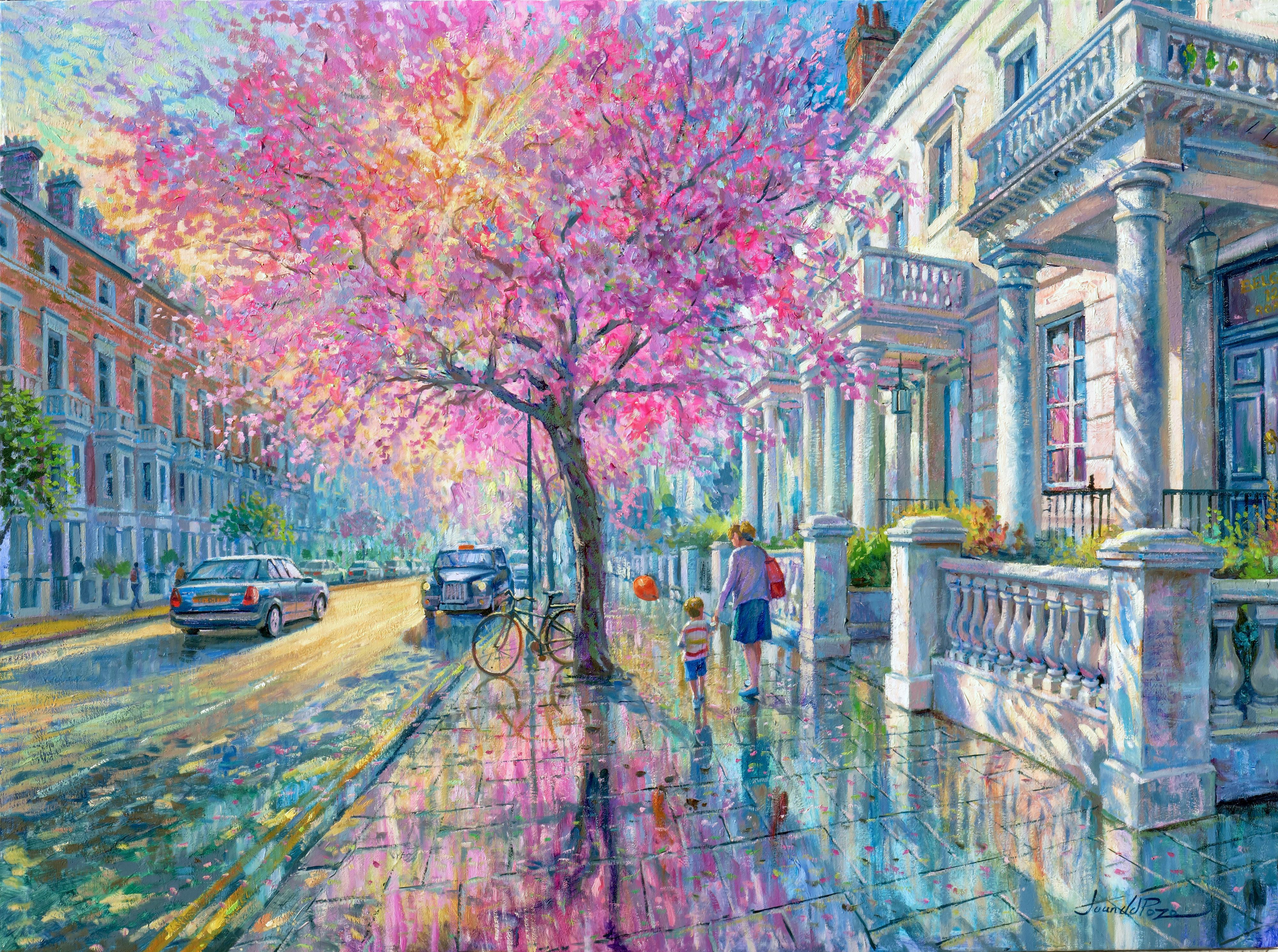 Juan del Pozo - Pink Promenade - original impressionism cityscape ...