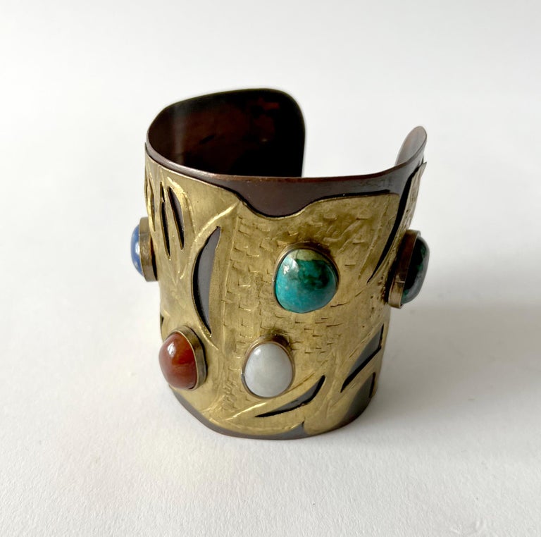 Juan Reyes Natural Gemstone Copper Brass Chilean Modernist Studio Cuff ...