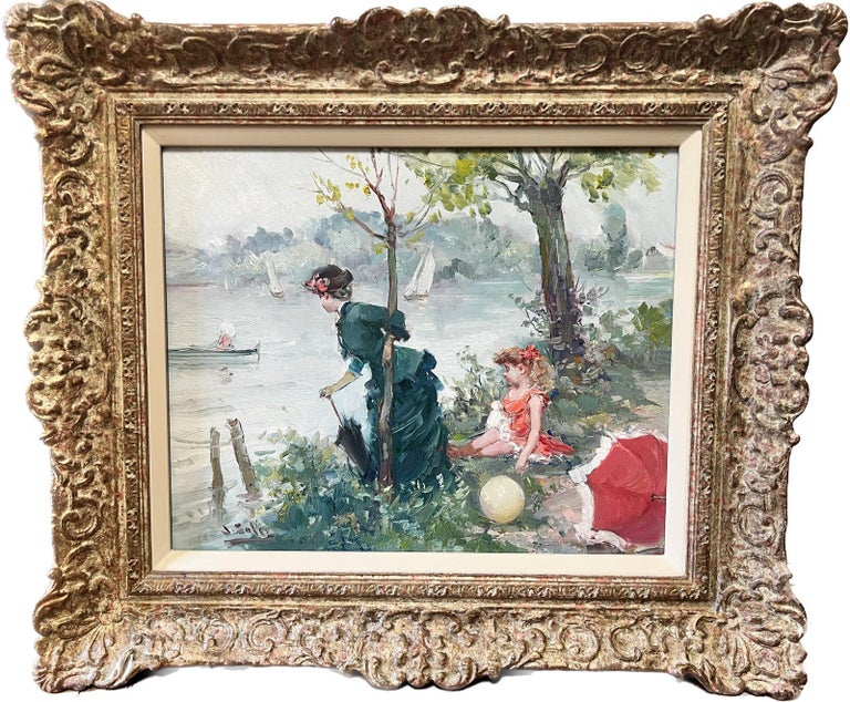 Juan Soler - Mother and Daughter by Lake Fine Impressionist Oil ...