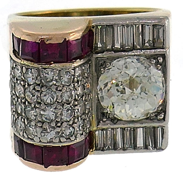 Jubilee Cut Diamond Ruby Gold Retro Ring For Sale at 1stDibs