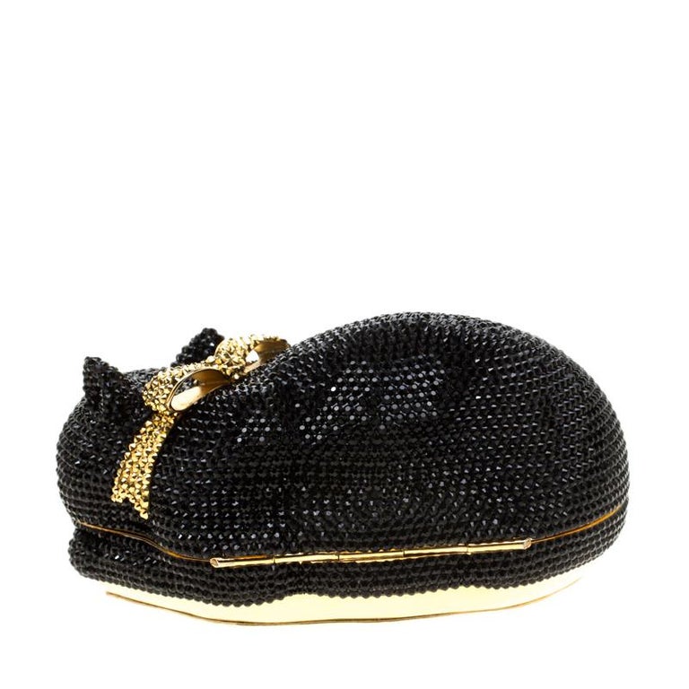 Judith Leiber Black Crystal Embellished Sleeping Cat Clutch For Sale at ...