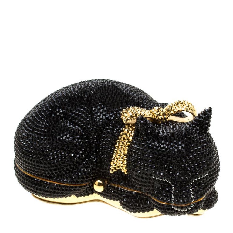 Judith Leiber Black Crystal Embellished Sleeping Cat Clutch For Sale at ...