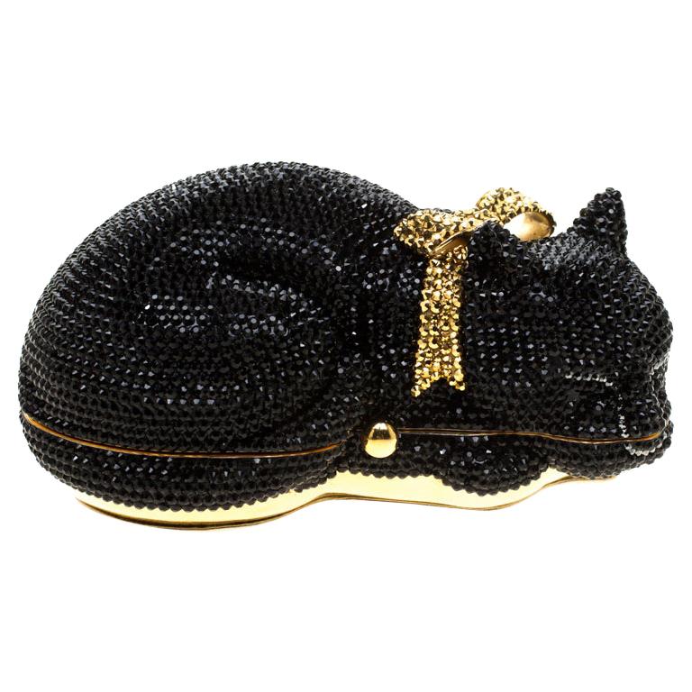 Judith Leiber Black Crystal Embellished Sleeping Cat Clutch For Sale at ...