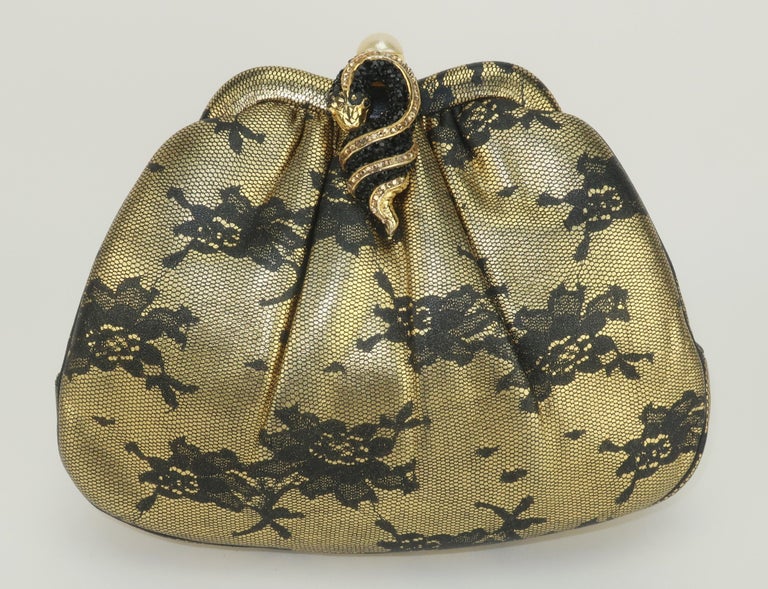 Judith Leiber Black Lace Printed Gold Leather Snake Handbag For Sale at ...