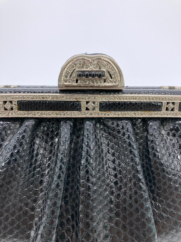 Judith Leiber Black Lizard Antique Silver Crystal Top Clutch For Sale ...