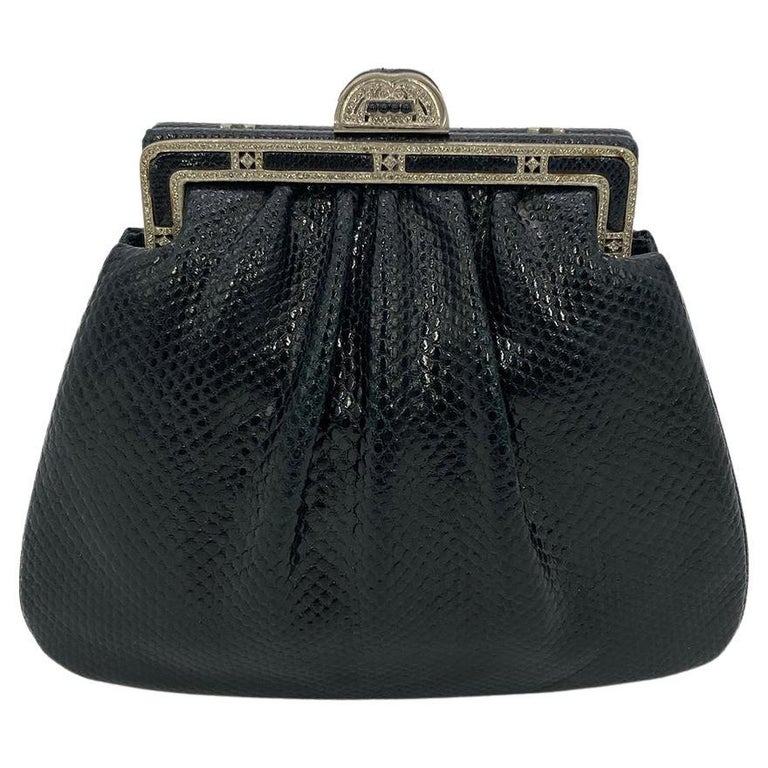 Judith Leiber Black Lizard Antique Silver Crystal Top Clutch For Sale ...