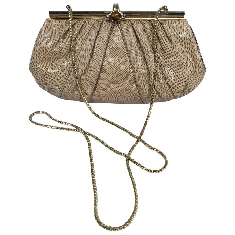 Judith Leiber Gold Frame Tiger Eye Lizard Clutch Handbag 1980s For Sale