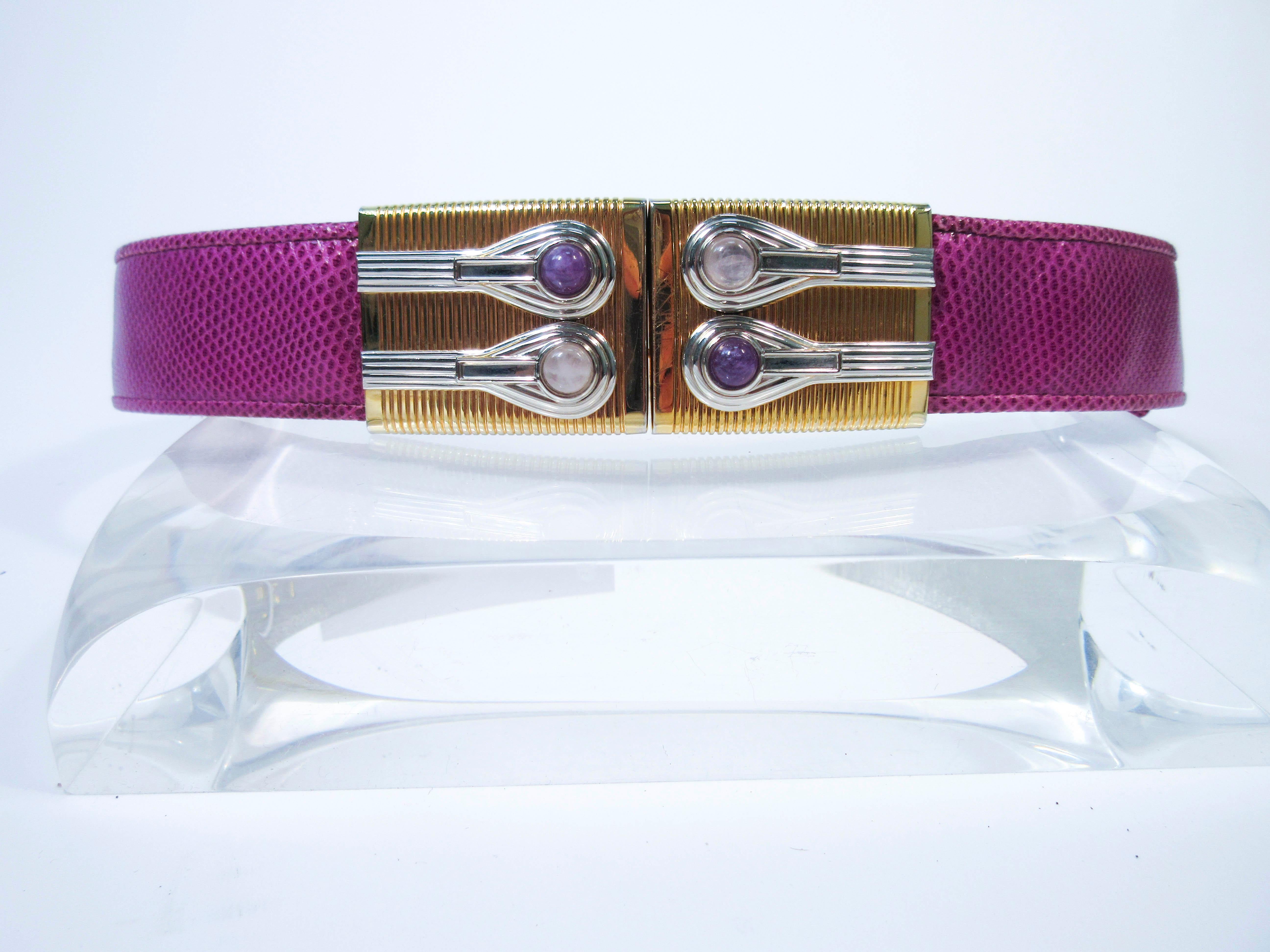 JUDITH LEIBER Magenta Lizard Skin Adjustable Belt with Metal Buckle at ...