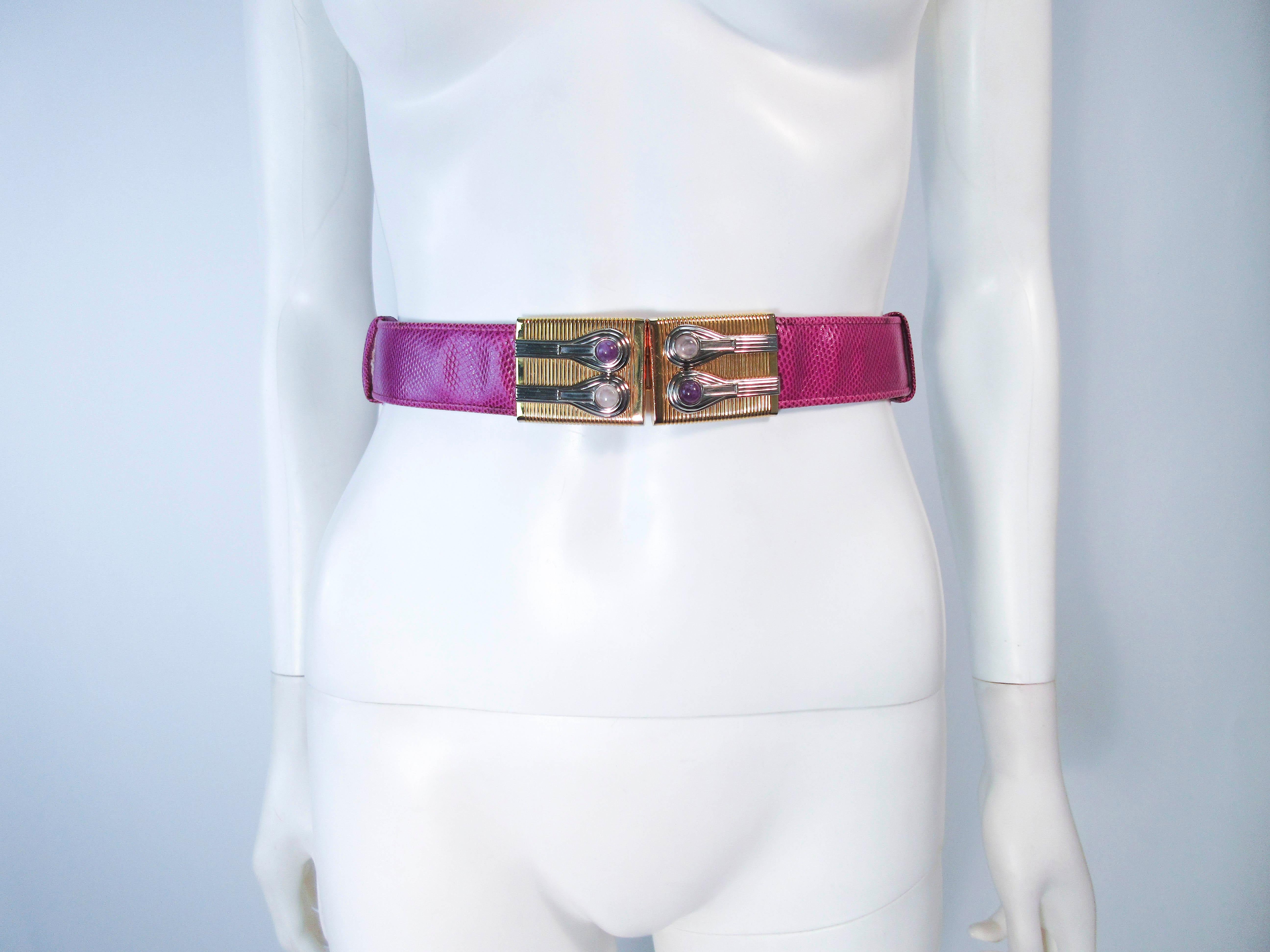 JUDITH LEIBER Magenta Lizard Skin Adjustable Belt with Metal Buckle at ...