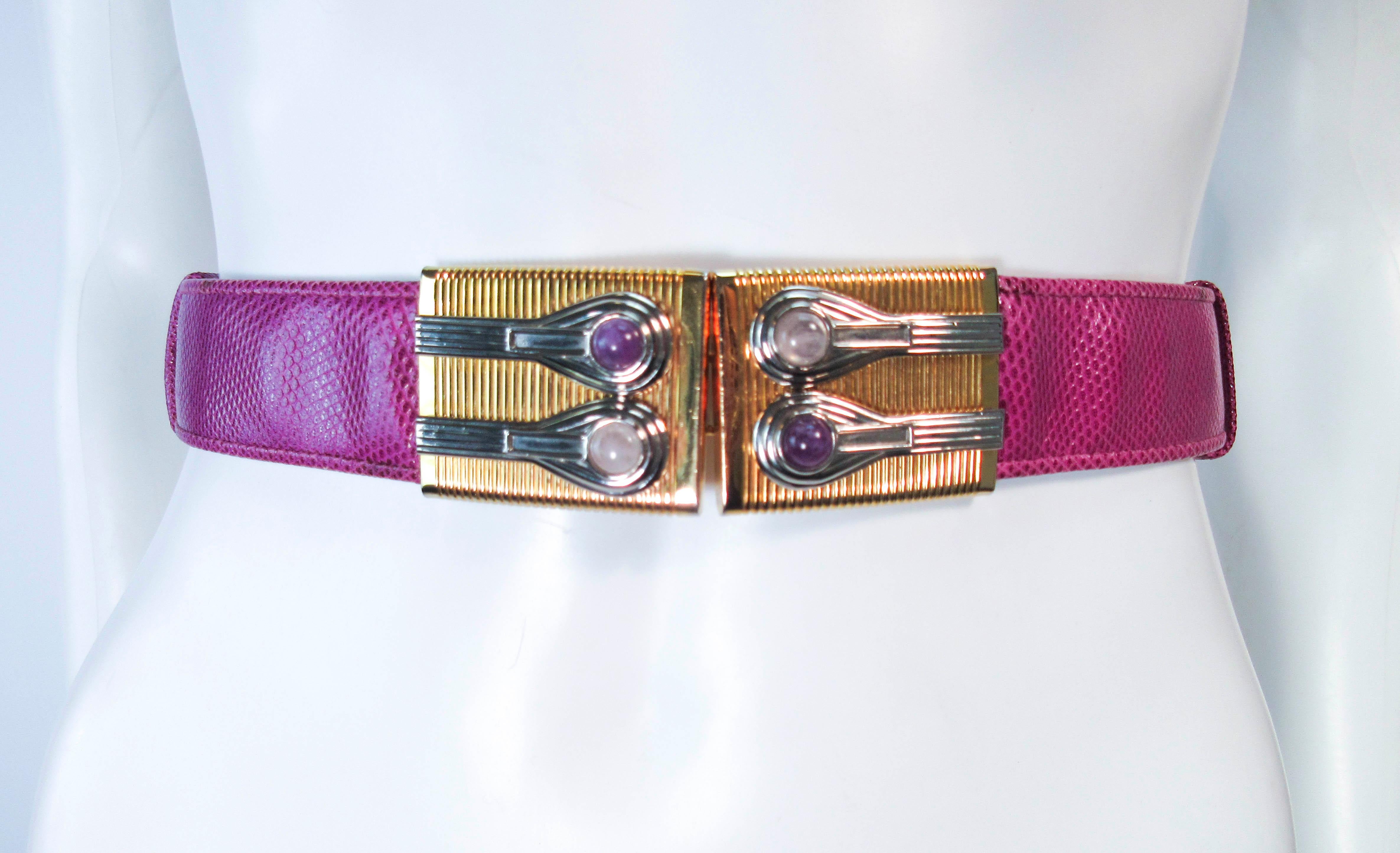 JUDITH LEIBER Magenta Lizard Skin Adjustable Belt with Metal Buckle at ...