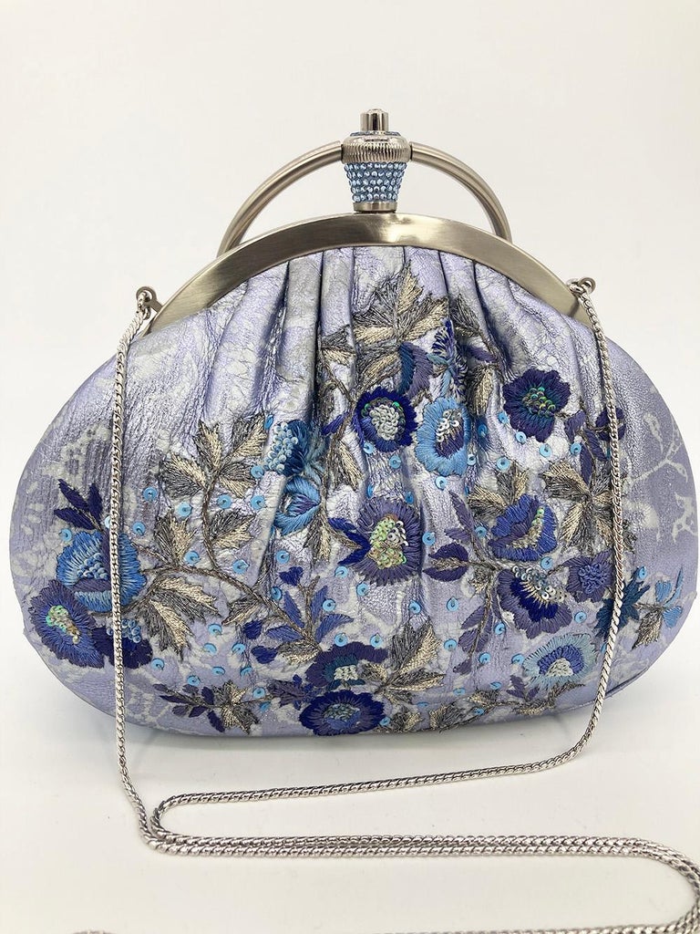 Judith Leiber Metallic Blue Leather Embroidered Hoop Handle Clutch For ...