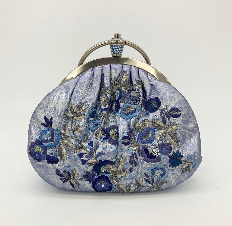 Judith Leiber Metallic Blue Leather Embroidered Hoop Handle Clutch For ...