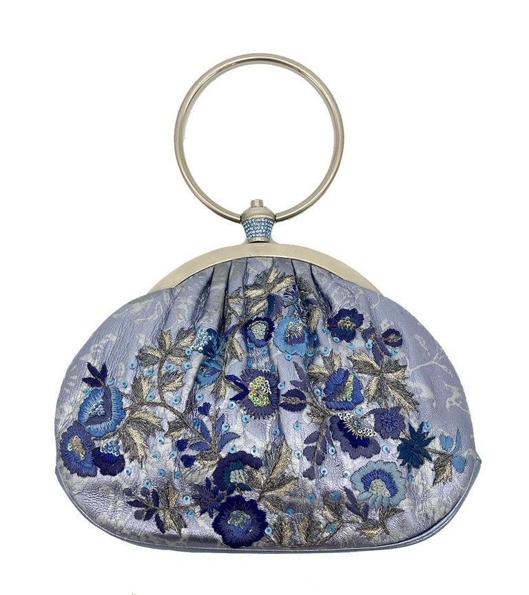 Judith Leiber Metallic Blue Leather Embroidered Hoop Handle Clutch For ...
