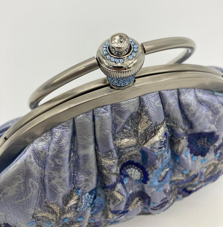 Judith Leiber Metallic Blue Leather Embroidered Hoop Handle Clutch For ...