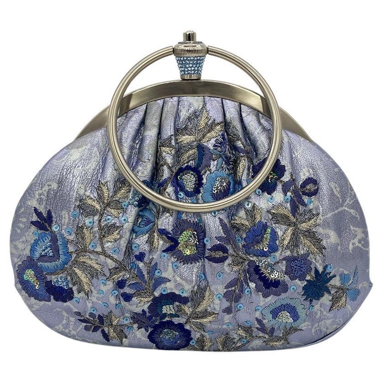 Judith Leiber Metallic Blue Leather Embroidered Hoop Handle Clutch For ...