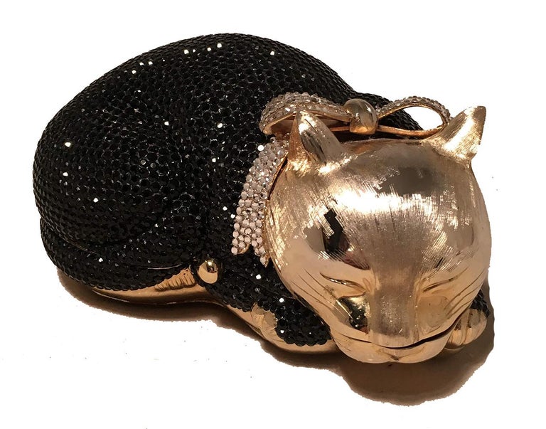 Judith Leiber Swarovski Crystal Black and Gold Cat Minaudiere For Sale ...