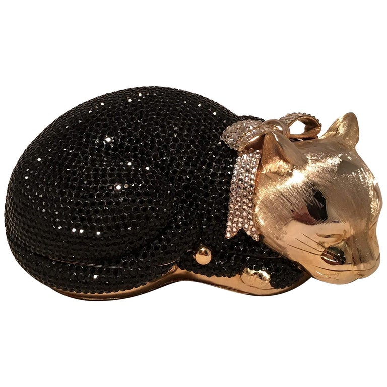 Judith Leiber Swarovski Crystal Black and Gold Cat Minaudiere For Sale ...