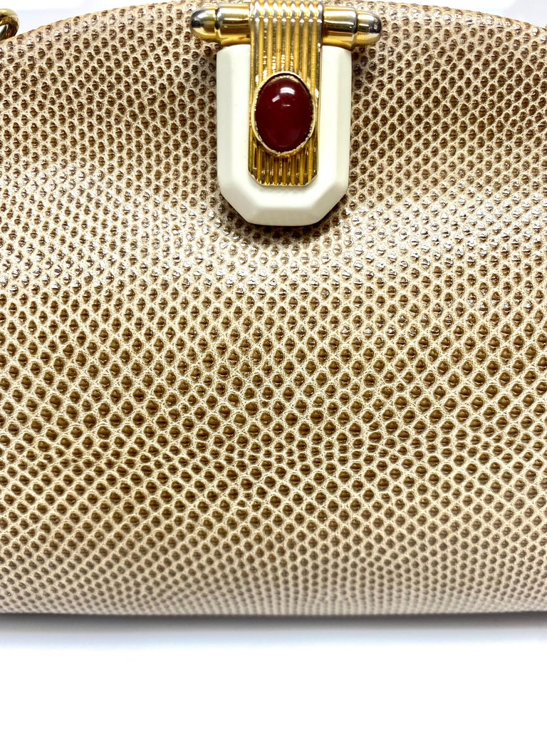 Judith Leiber Tan Karung Snake Handbag with Stone Buckle Front. For ...