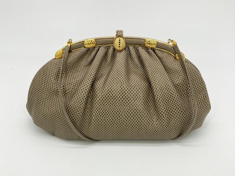 Judith Leiber Tan Lizard Gold Turtle Charm Clutch For Sale at 1stDibs