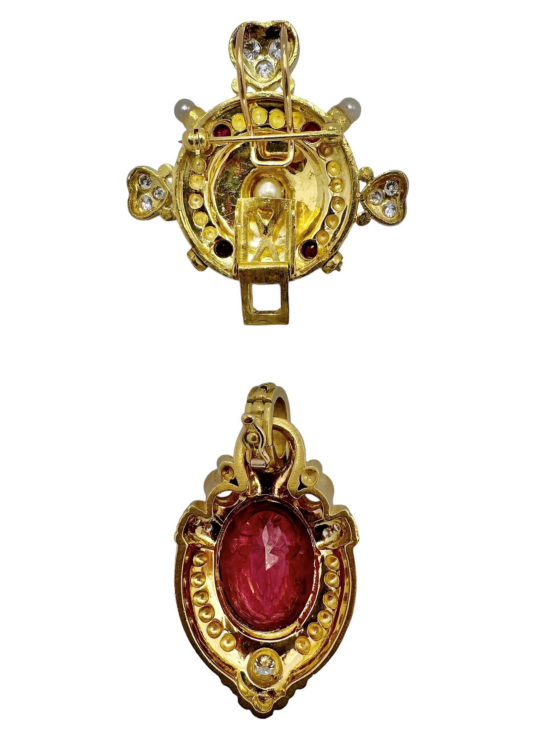Judith Ripka 18k Gold Brooch/Pendant with Rubelite and Diamonds For ...
