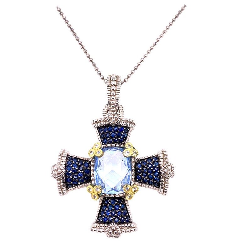 Judith Ripka Blue Topaz 18 Karat Gold Sterling Silver Cross Pendant ...