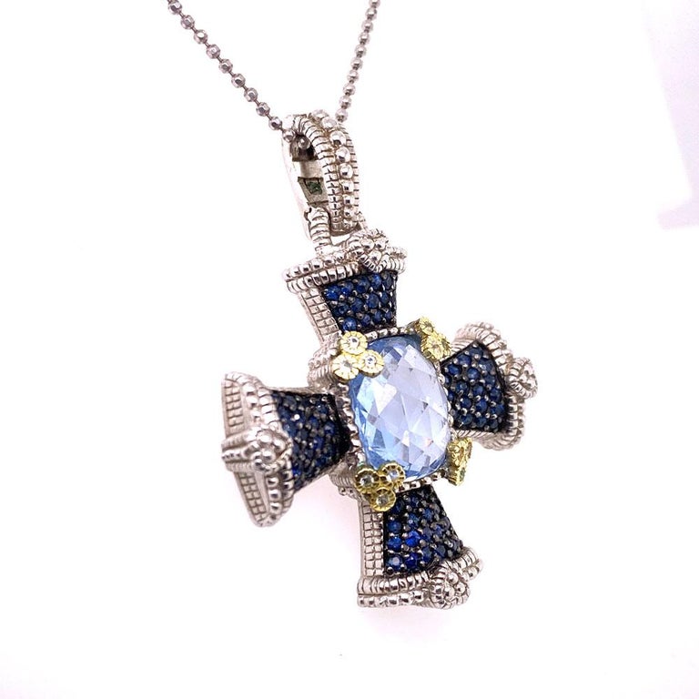 Judith Ripka Blue Topaz 18 Karat Gold Sterling Silver Cross Pendant ...