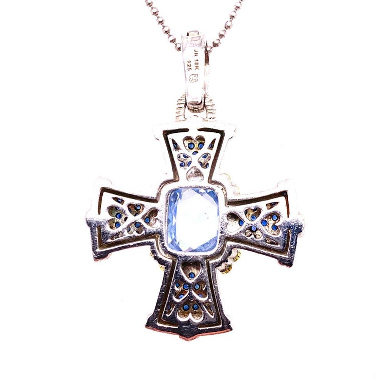 Judith Ripka Blue Topaz 18 Karat Gold Sterling Silver Cross Pendant ...