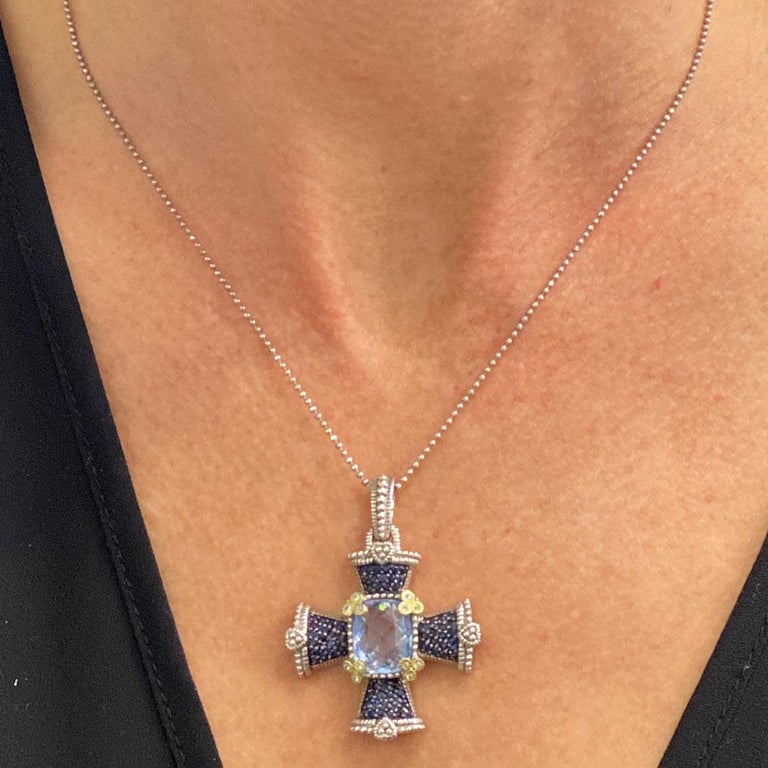 Judith Ripka Blue Topaz 18 Karat Gold Sterling Silver Cross Pendant ...