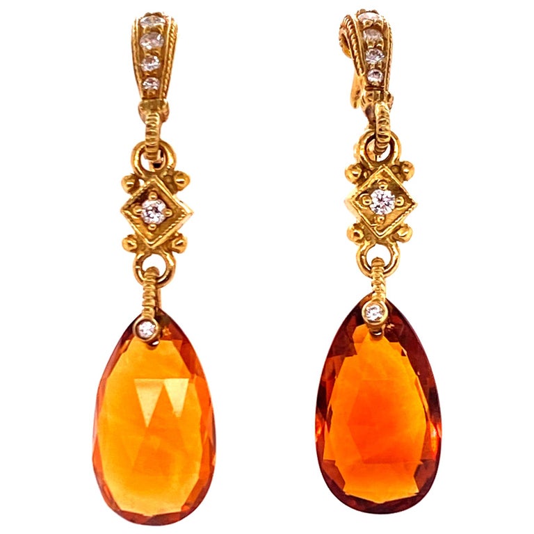 Judith Ripka Citrine Diamond 18 Karat Yellow Gold Drop Earrings at 1stDibs