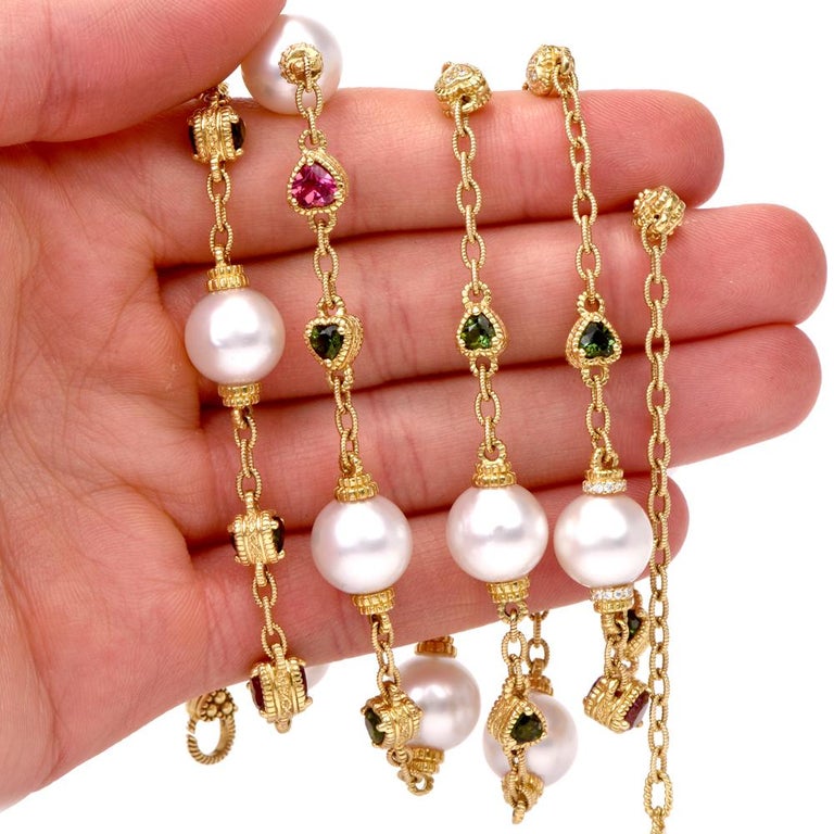 Judith Ripka Estate Tourmaline Pearl Diamond Gold Chain Necklace at 1stDibs