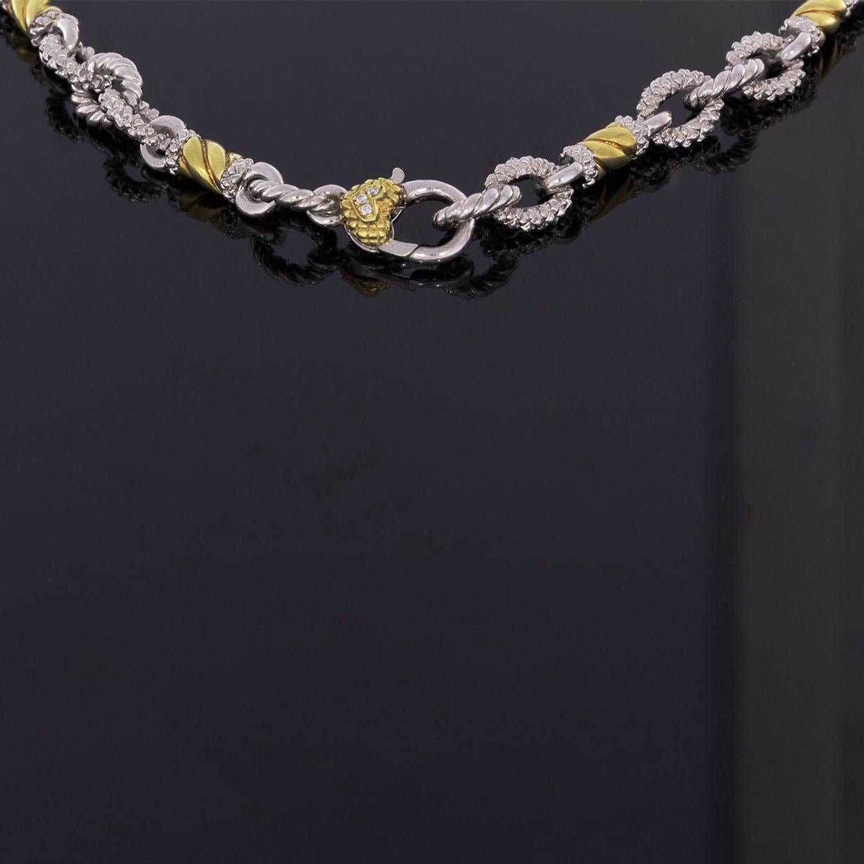 Judith Ripka Silver and Gold Twisted Link Chain Necklace with Diamond ...