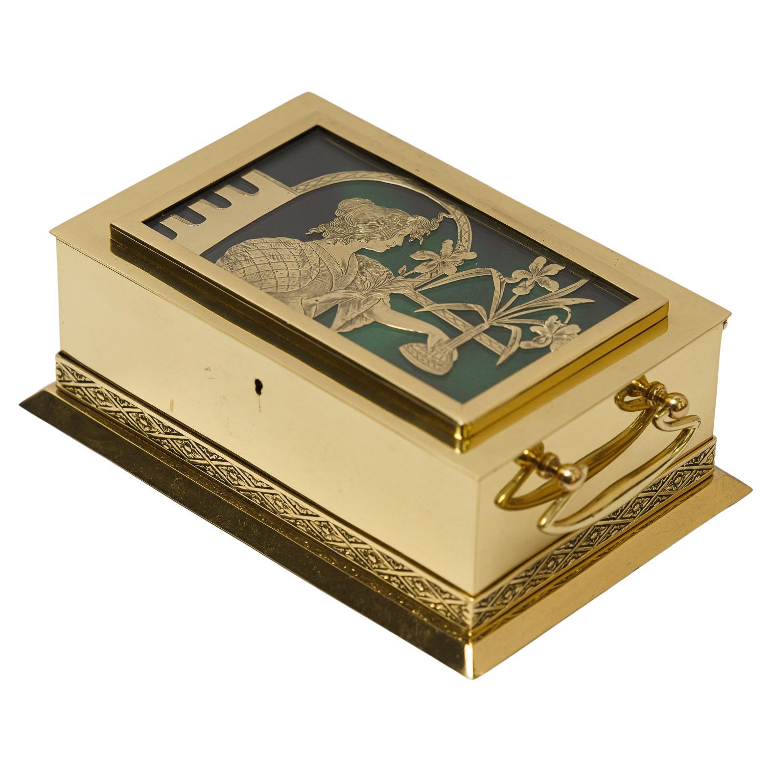 German Jugendstil Bronze Jewelry Box or Casket with Lion Guardian Lid ...