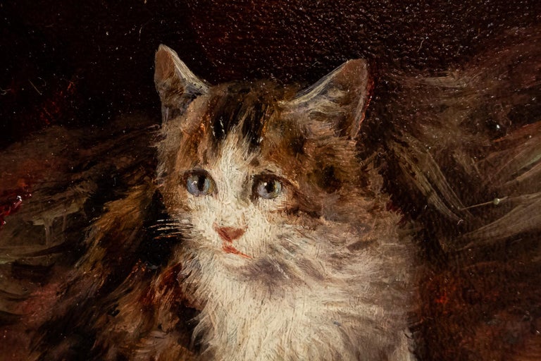 Jules Gustave Leroy Oil on Panel Three Cats and a Ball of Wool circa ...