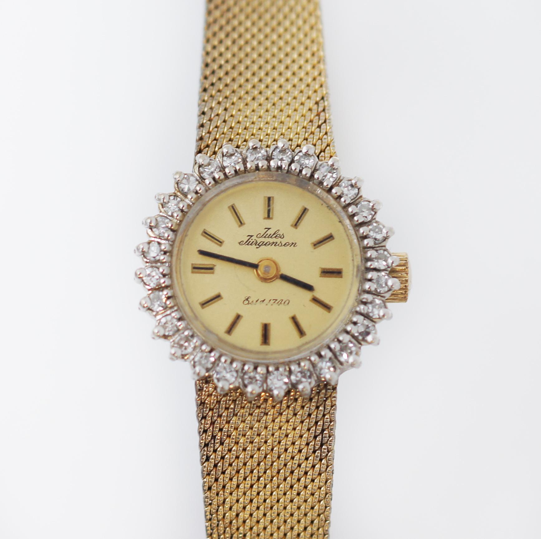 Jules Juergen 14k Gold Diamond Bezel 17Jewels Mechanical Movement Watch ...
