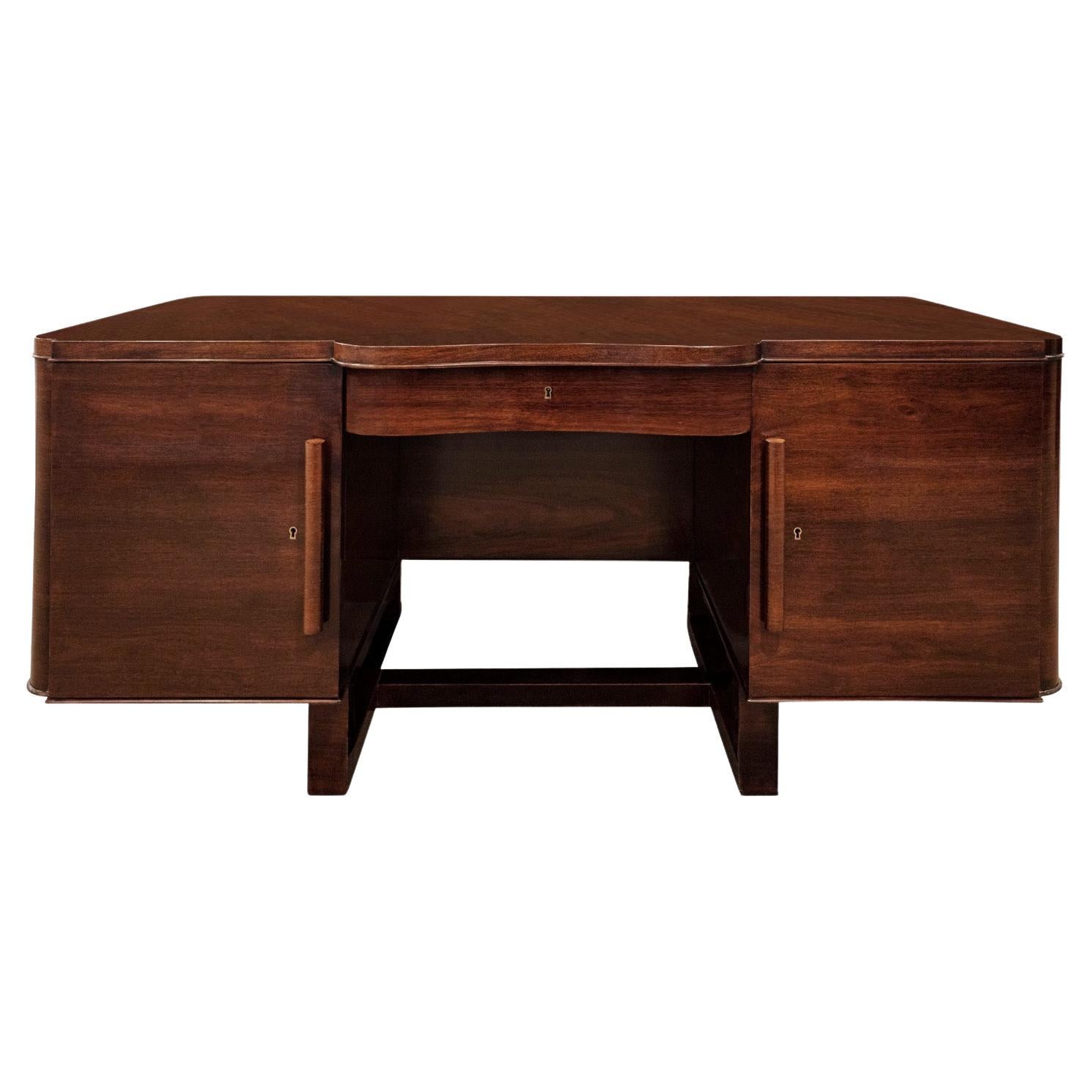 Jules Leleu Double Pedestal Desk in French Walnut 1940s 'Signed' at 1stDibs