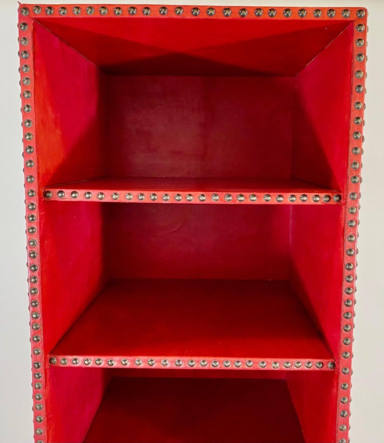 Julian Schnabel Leather Tooled Red Cabinet or Bookcase, Pair at 1stDibs