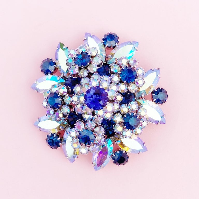 Juliana-Style Blue AB Crystal Cluster Layered Cocktail Brooch By ...