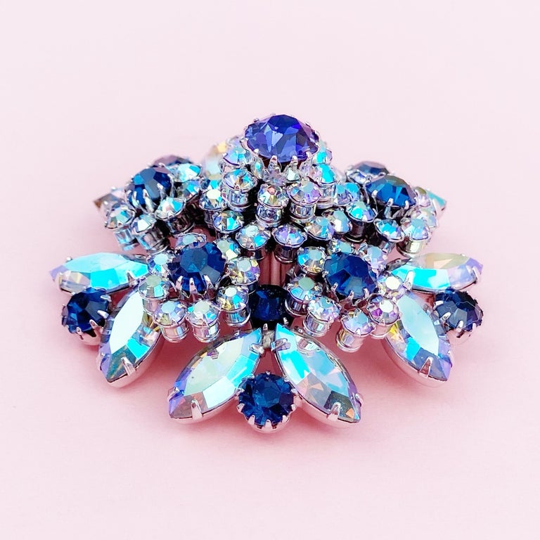 Juliana-Style Blue AB Crystal Cluster Layered Cocktail Brooch By ...