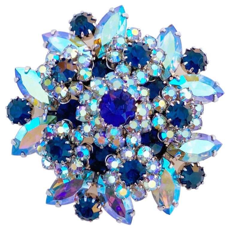 Juliana-Style Blue AB Crystal Cluster Layered Cocktail Brooch By ...