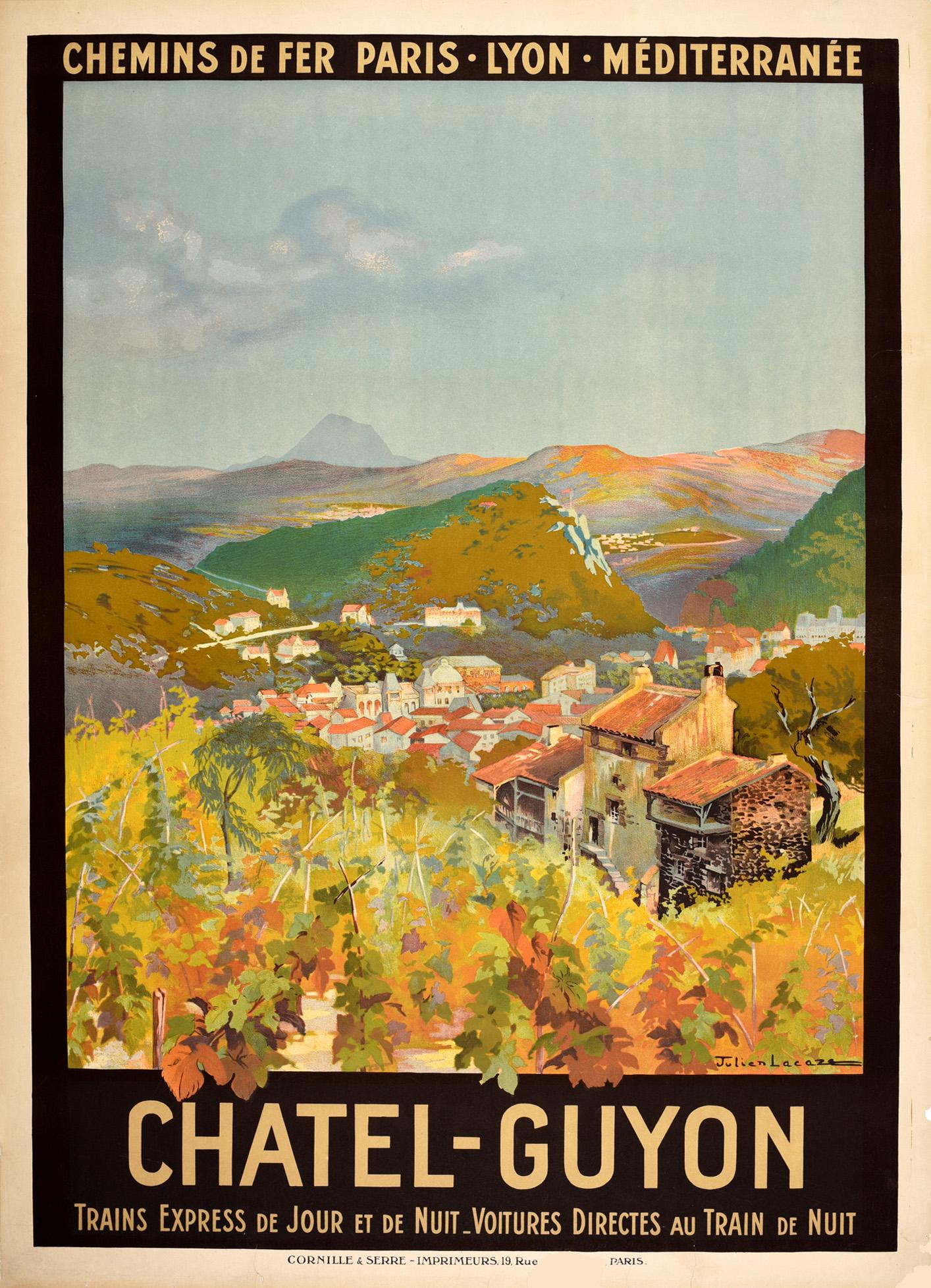 Julien Lacaze - Original Vintage Poster Chatel Guyon PLM Railway Train Travel Vineyard Alps View ...