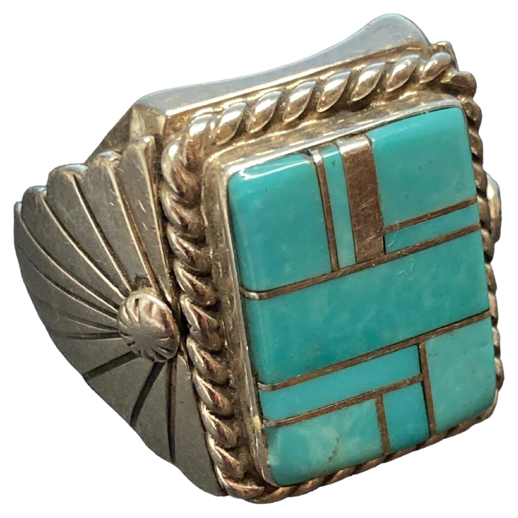 Vintage Navajo Native American Turquoise and Silver Rope Design Ring at ...