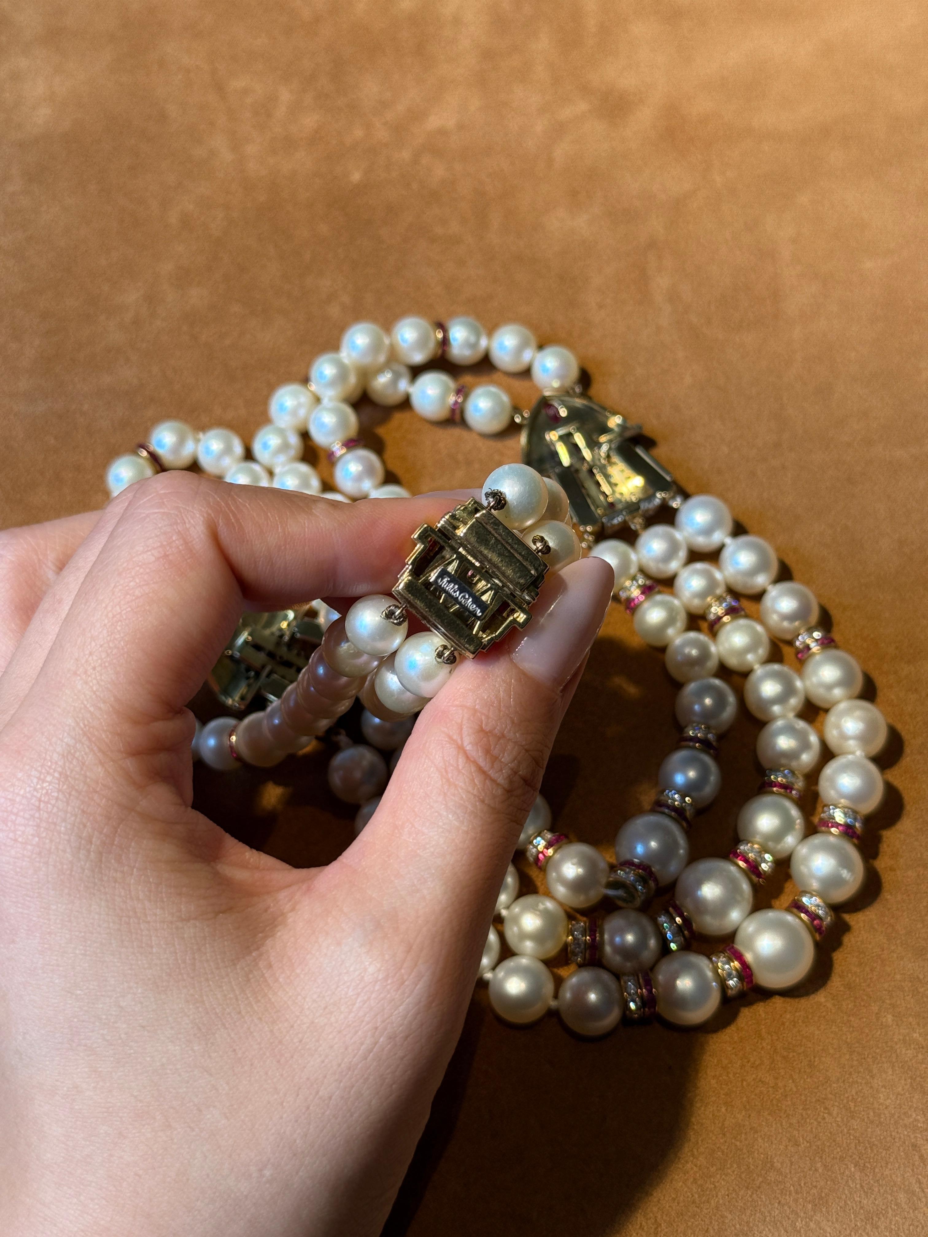 Julius Cohen 1980s Multi-Strand Pearl Necklace with Ruby and Diamond ...