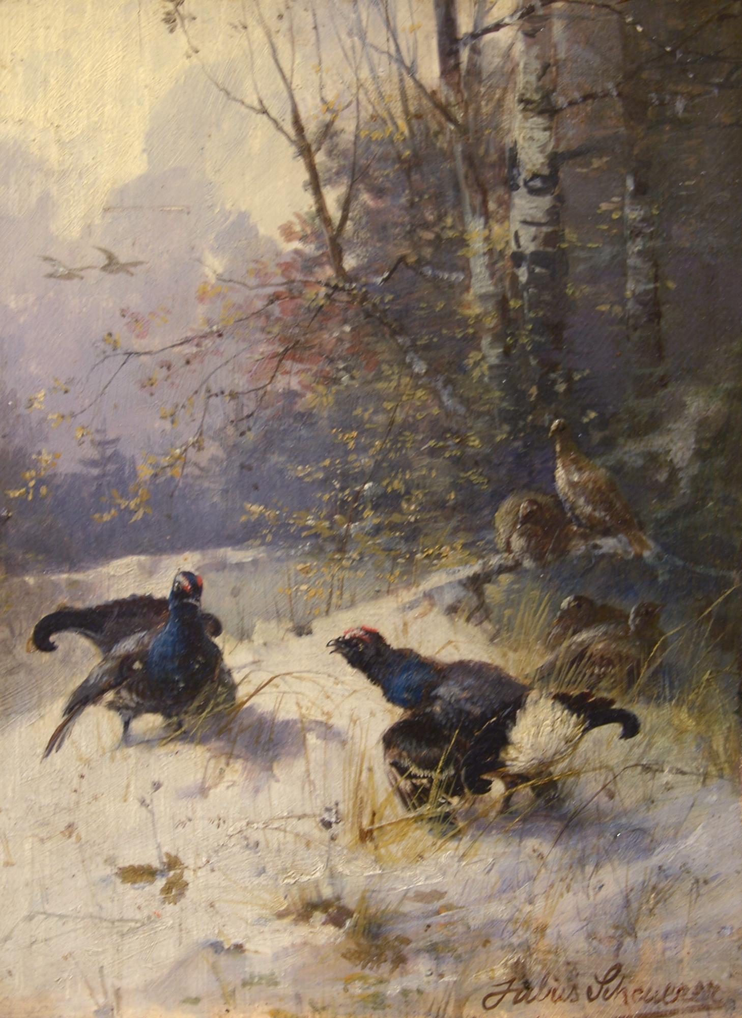 Julius Scheurer - Winter Grouse, Birds, Landscape, Realist, German ...