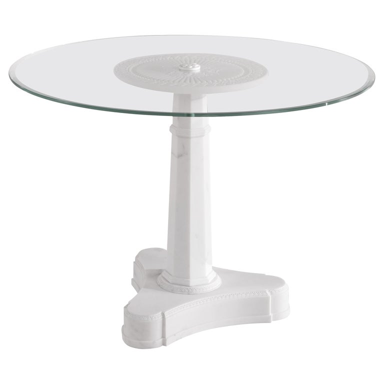 21st Century Relief Side Table in White Statuario Marble with Engraved ...