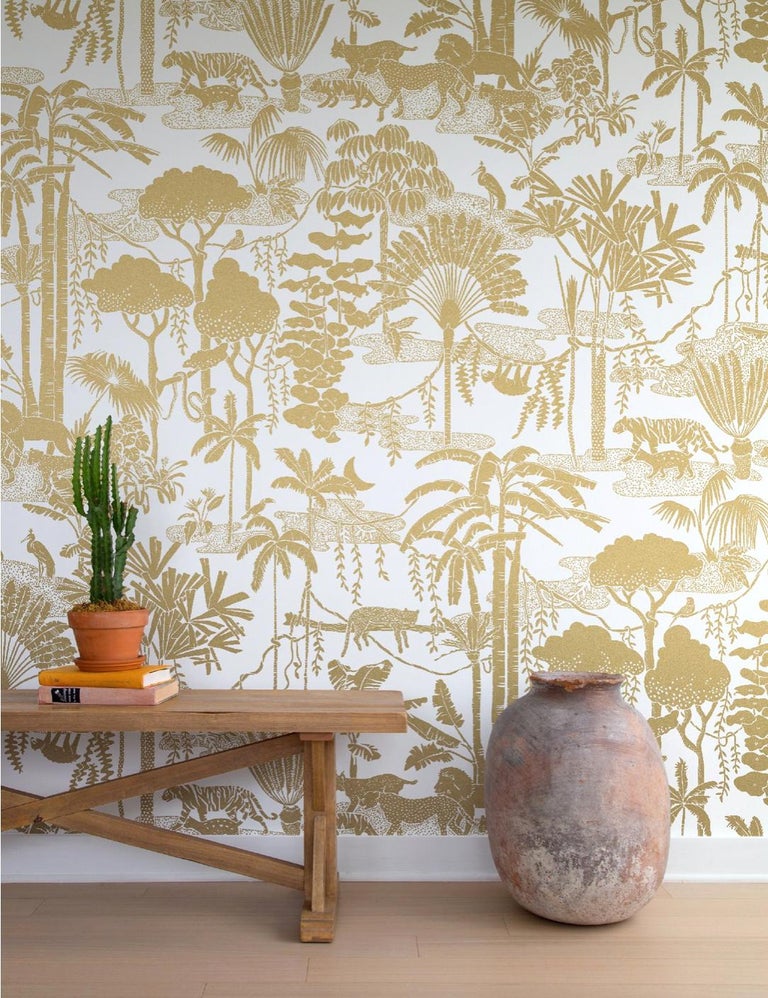 Jungle Dream Designer Screen Printed Wallpaper in Sphinx 'Gold on White ...