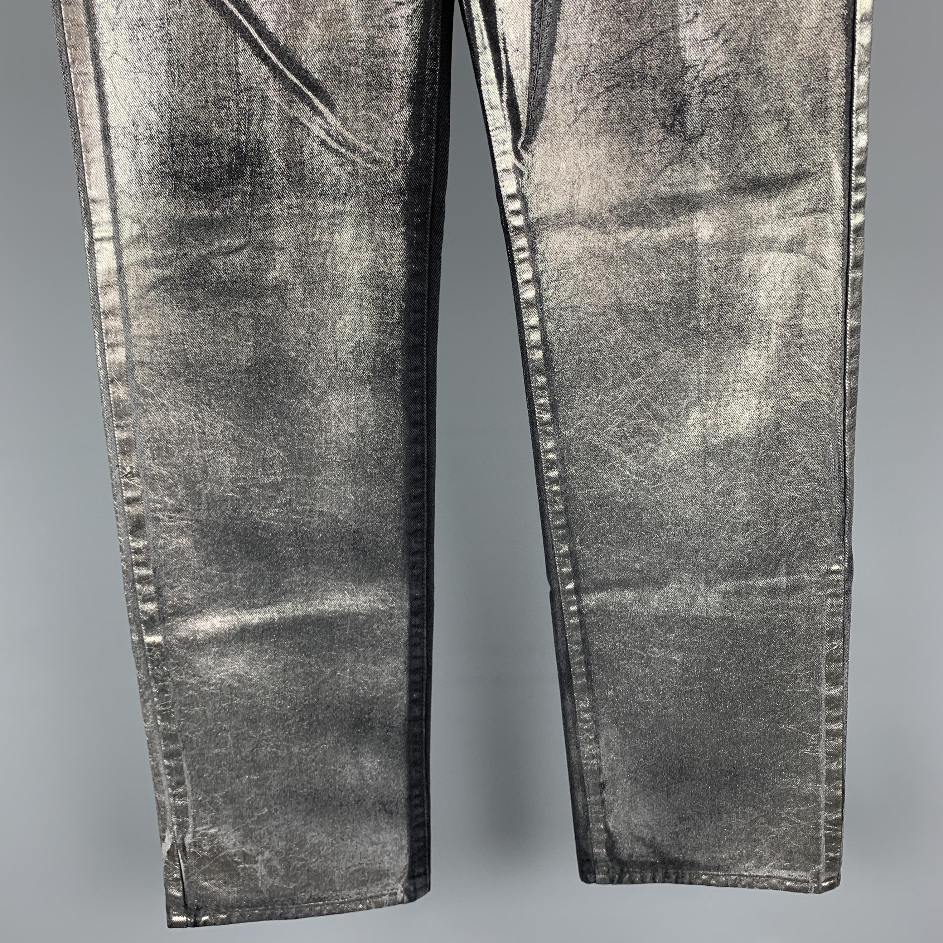 JUST CAVALLI Size 30 Black and Silver Metallic Painted Denim Pistol ...