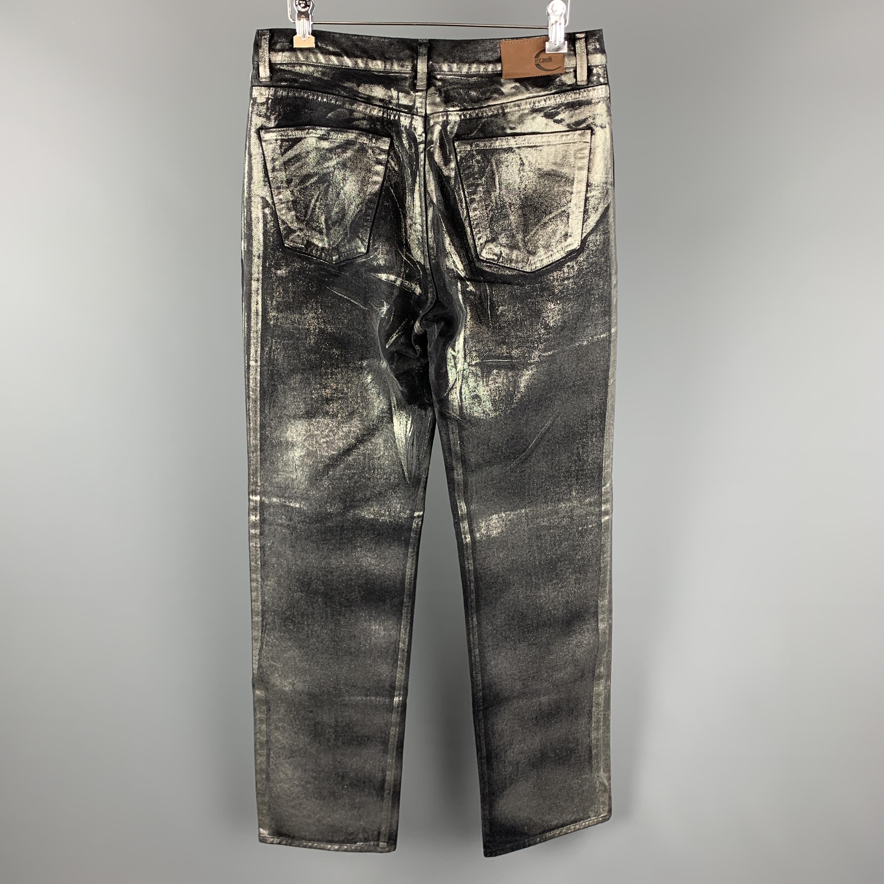 JUST CAVALLI Size 30 Black and Silver Metallic Painted Denim Pistol ...
