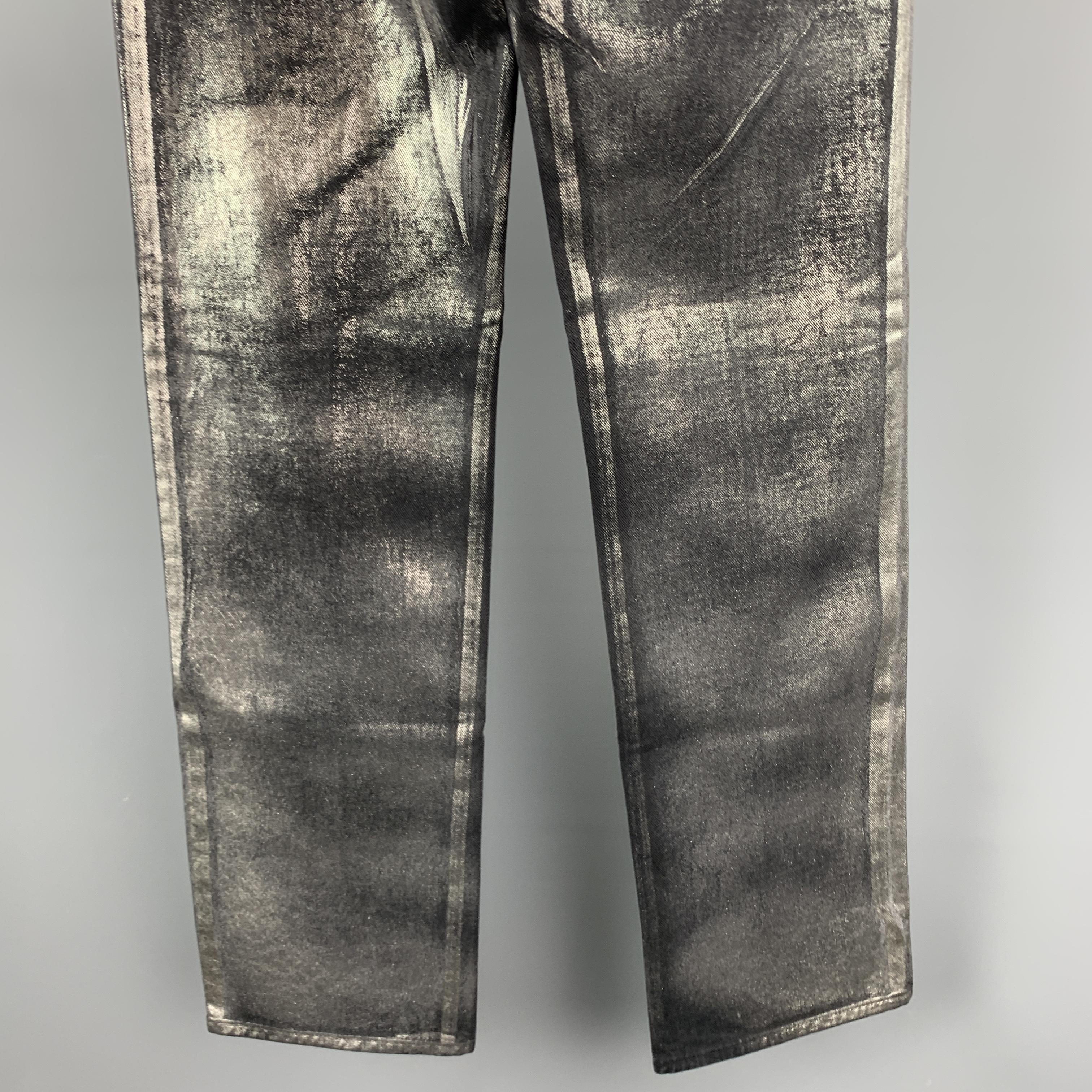 JUST CAVALLI Size 30 Black and Silver Metallic Painted Denim Pistol ...