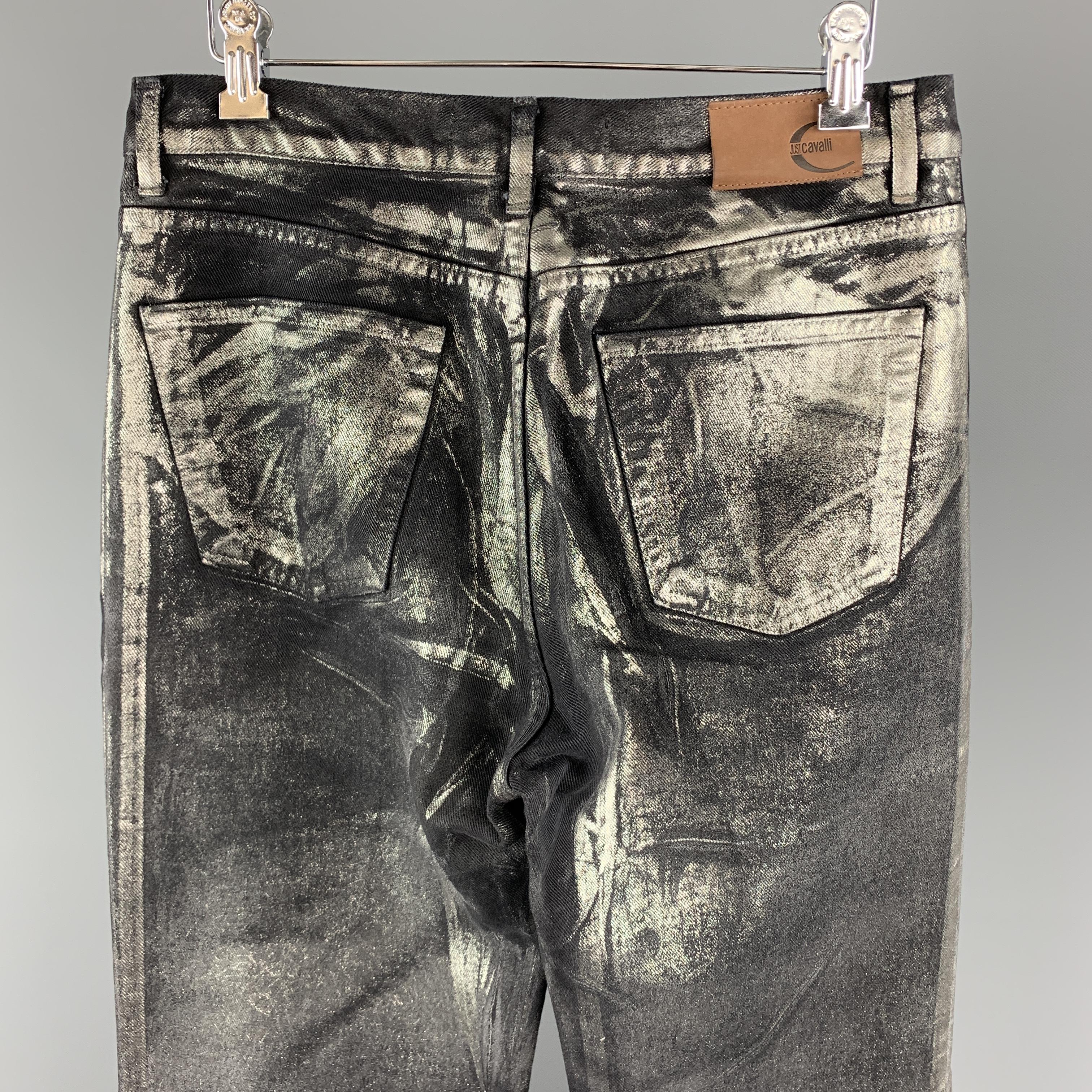 JUST CAVALLI Size 30 Black and Silver Metallic Painted Denim Pistol ...